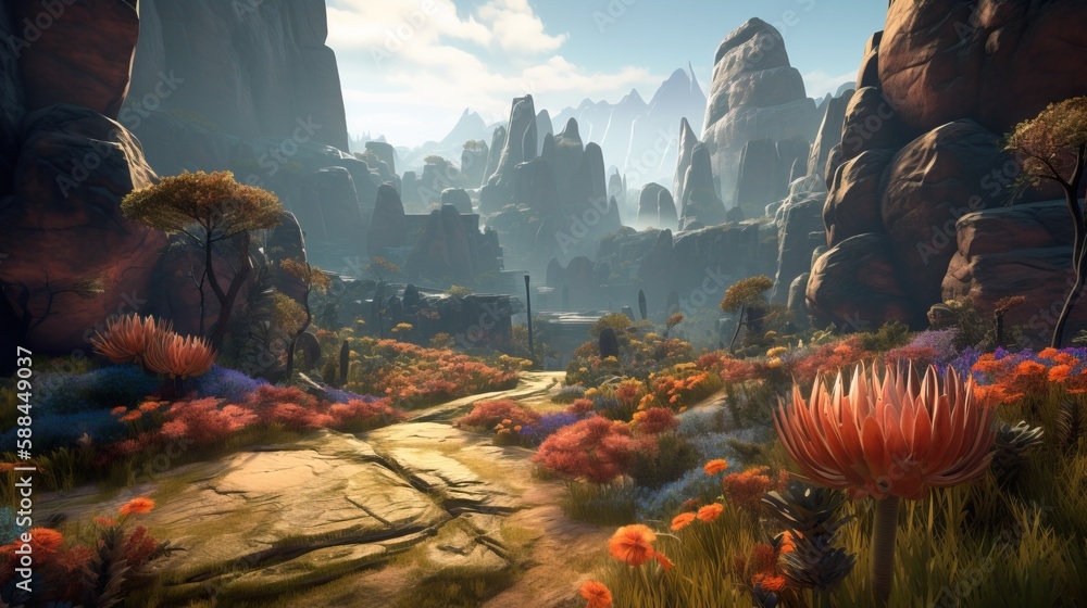 Stunning alien landscape. Strange vegetation and Huge mountains against ...