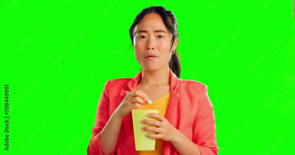 Popcorn, movie and eating with woman in green screen studio for film ...