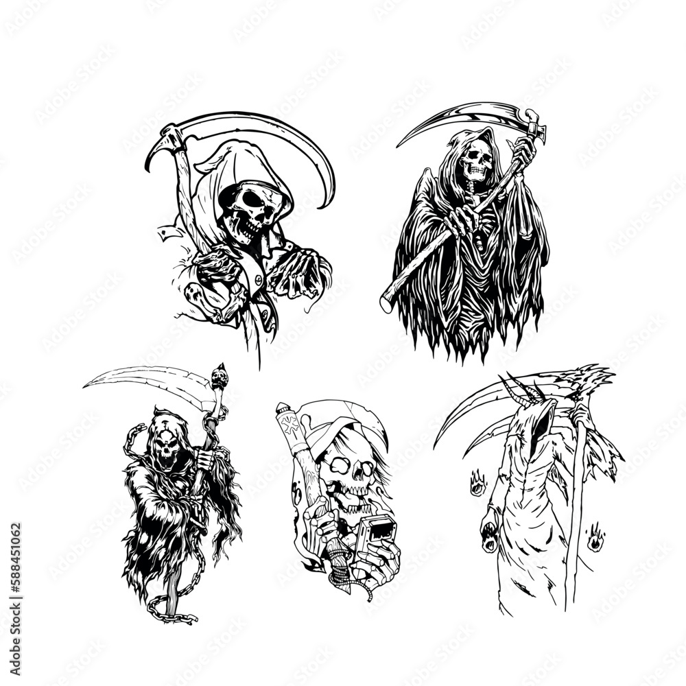 Death tattoo with scythe in hand, skeleton and skull in cape, vector ...