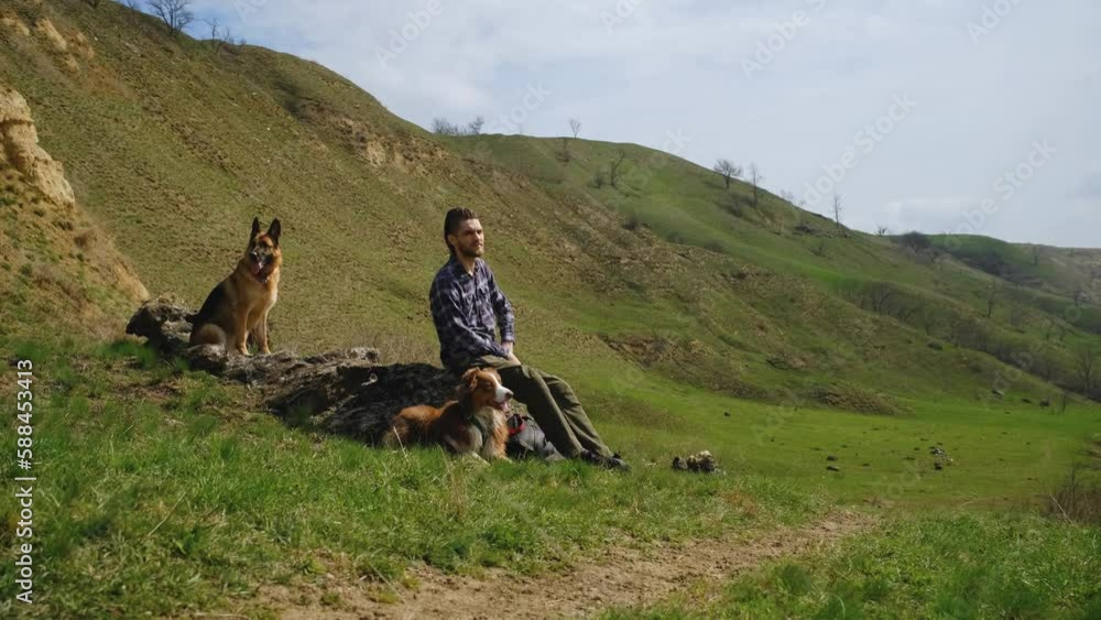 Young Caucasian man with dreadlocks went hiking with two dogs. Owner ...