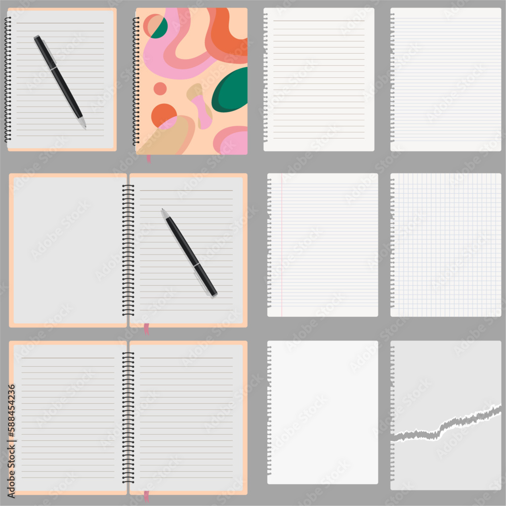 Set of realistic spiral notebook, pen and torn pages. Blank, lined and ...