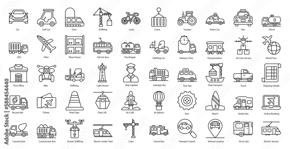 Transporation Thin Line Icons Transport Car Train Iconset in Outline ...