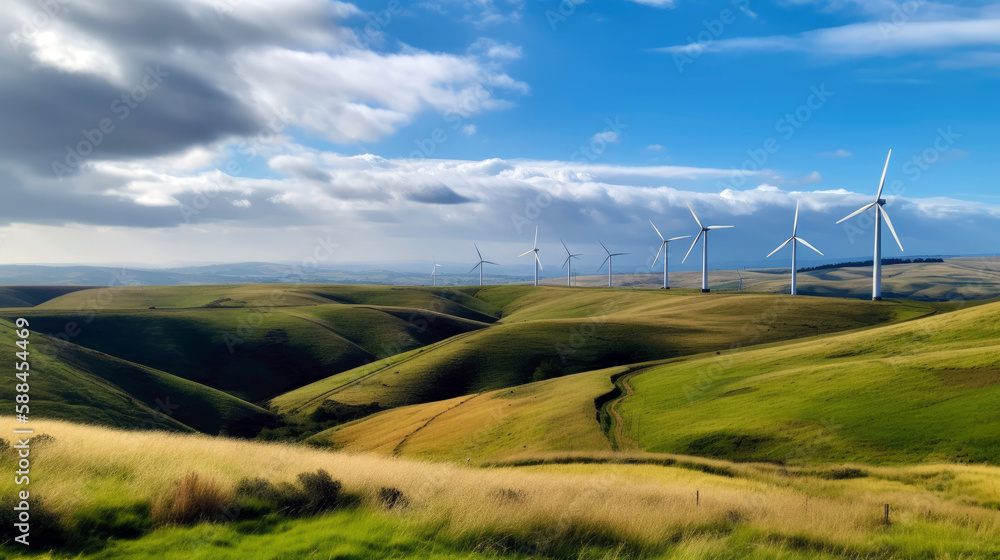 Green energy, wind turbines, vast landscape dotted with towering wind ...
