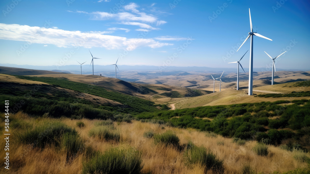 Green energy, wind turbines, vast landscape dotted with towering wind ...