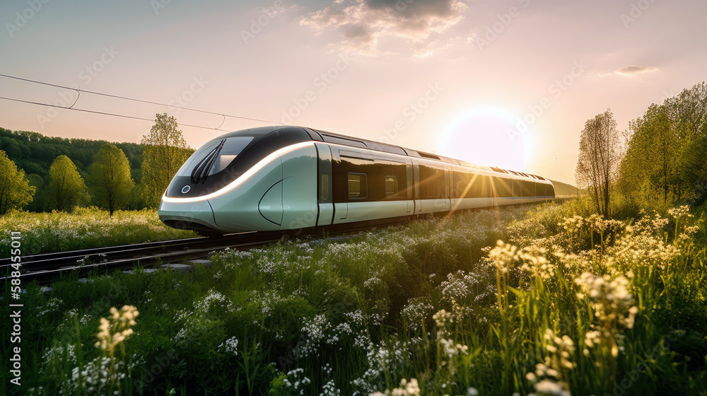 modern, hydrogen-powered train, speeding through a lush landscape ...