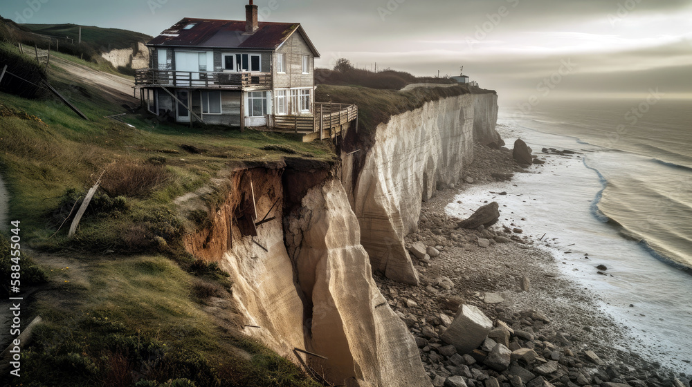 collapsing cliffside, with a crumbling house teetering on the edge ...