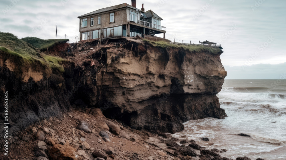collapsing cliffside, with a crumbling house teetering on the edge ...