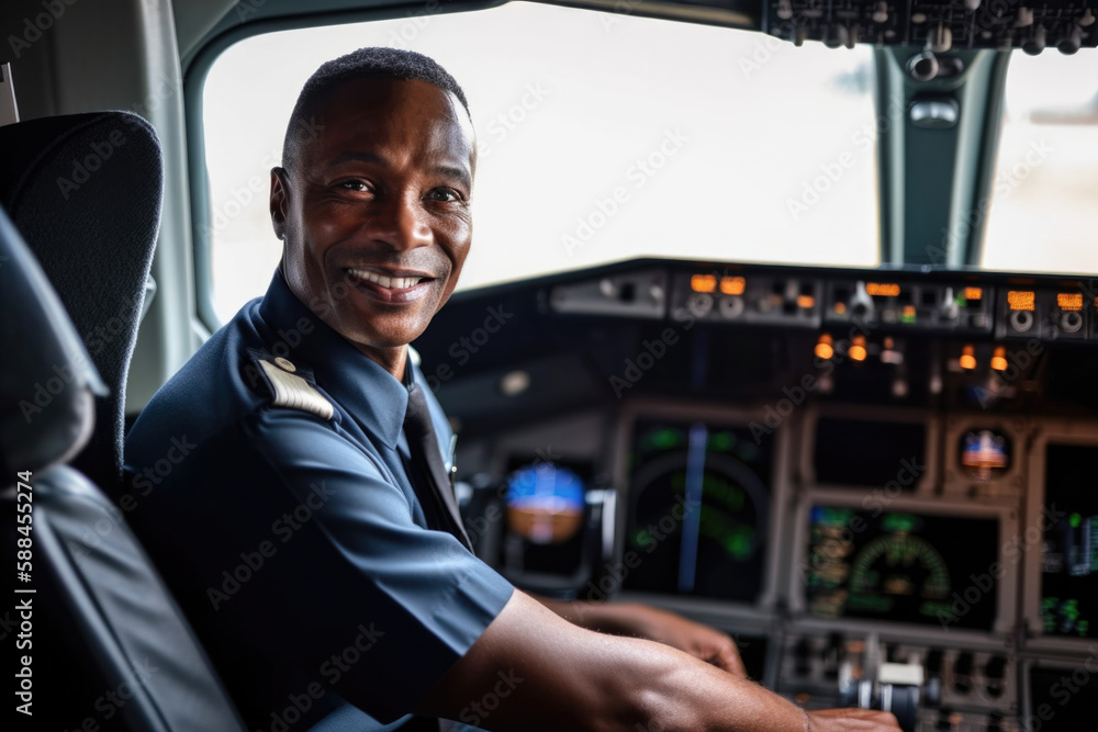 Black pilot sitting in cockpit of airplane. Generative AI. Stock ...
