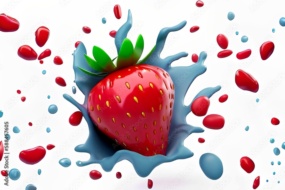 Fragola su sfondo bianco con schizzi di vernice rossi e azzurri in ...