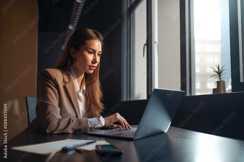 Image of a beautiful young business woman indoors in office using ...