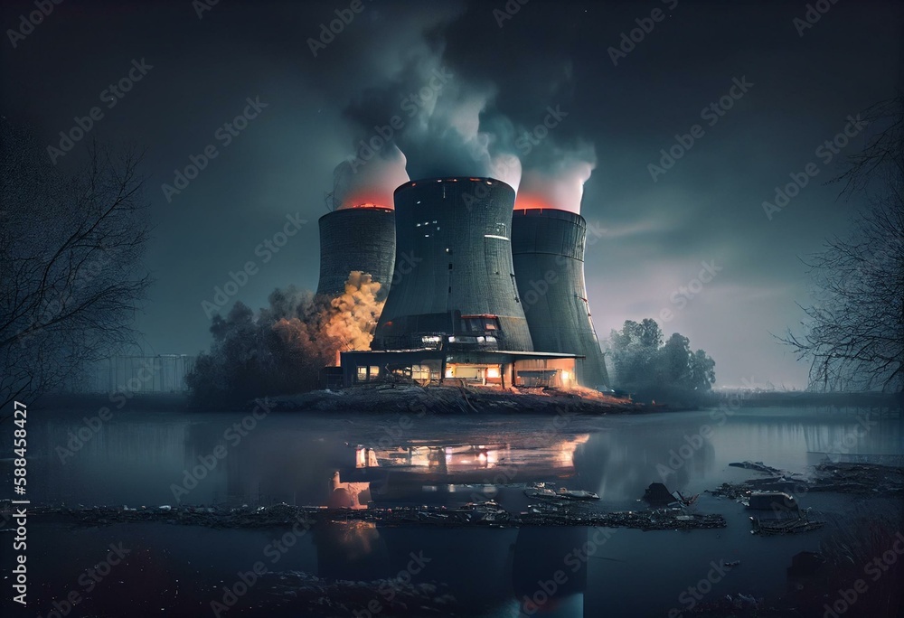 Operating nuclear power plant on the banks of the river. Pollution of ...