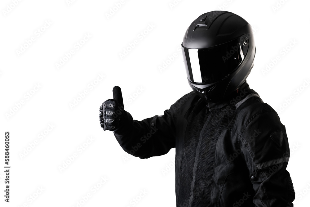 Portrait of a motorcycle rider on a transparent background with thumbs ...