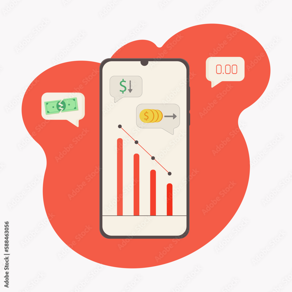 Money lost concept. Flat illustration with a chart on the smartphone ...
