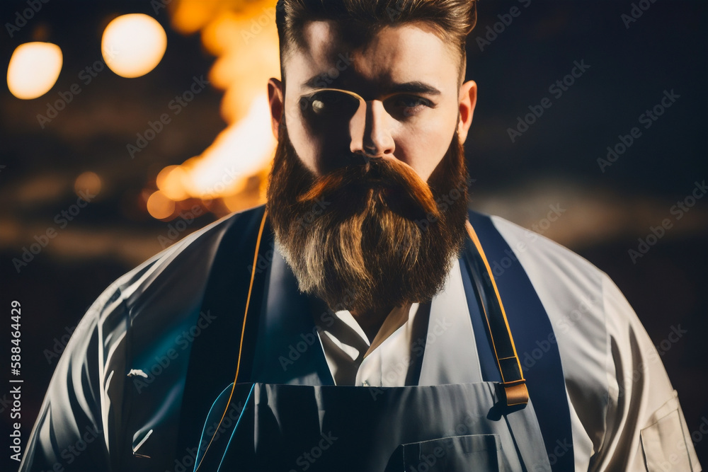 ภาพประกอบสต็อก Professional brutal chef with a fancy beard and leather ...