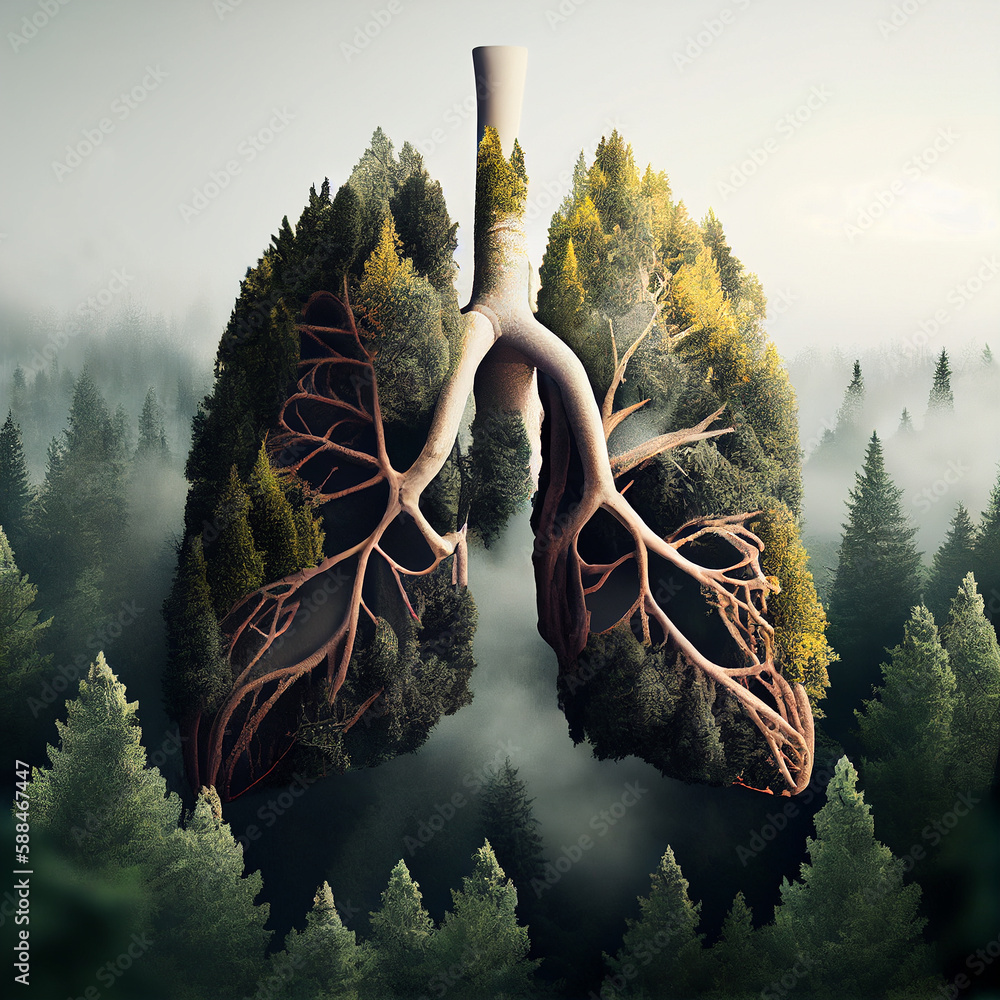 Green lung in the forest, trees for fresh healthy breathing air ...