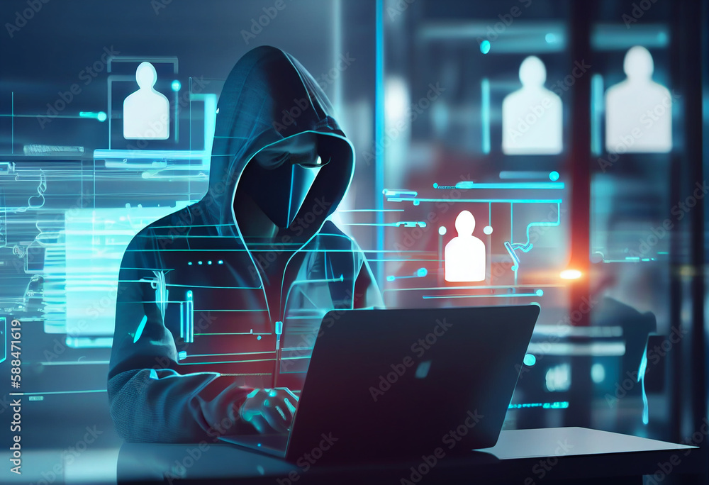Hacker with hoody behind laptop coding, concept of cyber security and internet of things. Stock ...