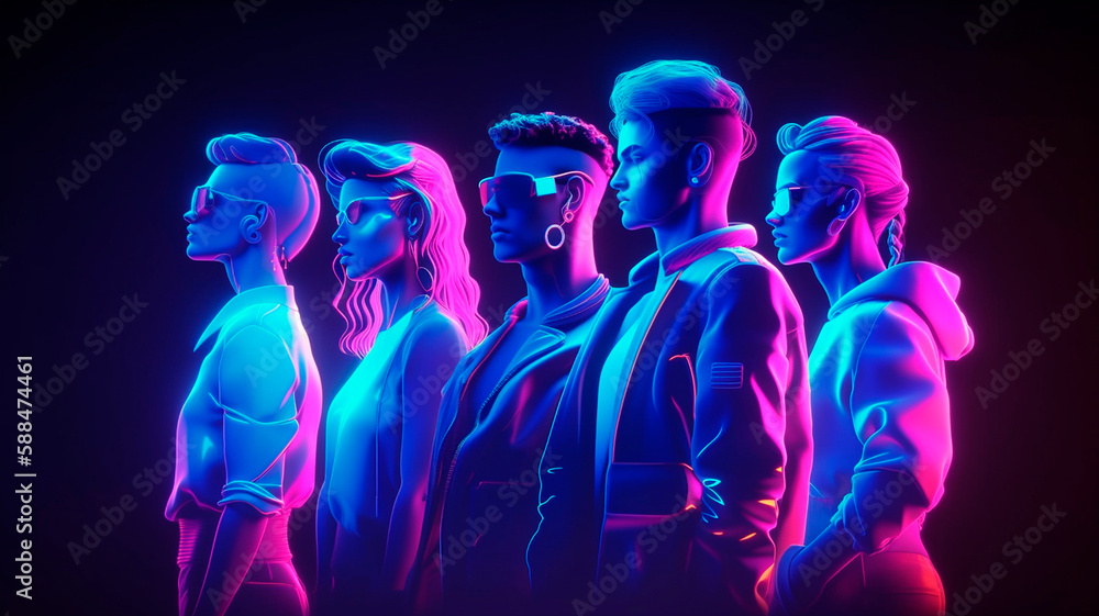 Generation Z teenagers in neon light, illustration, created with ...
