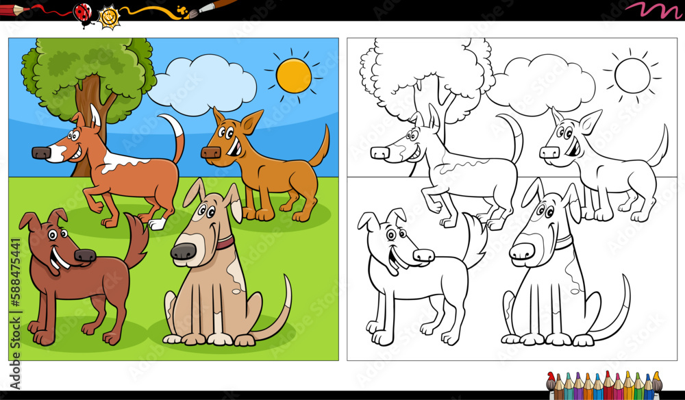 cartoon dogs characters group outdoor coloring page Stock Vector ...
