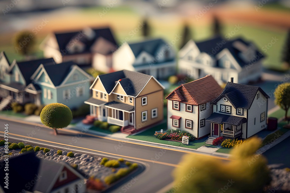 Miniature model of modern suburban housing. AI generated illustration ...