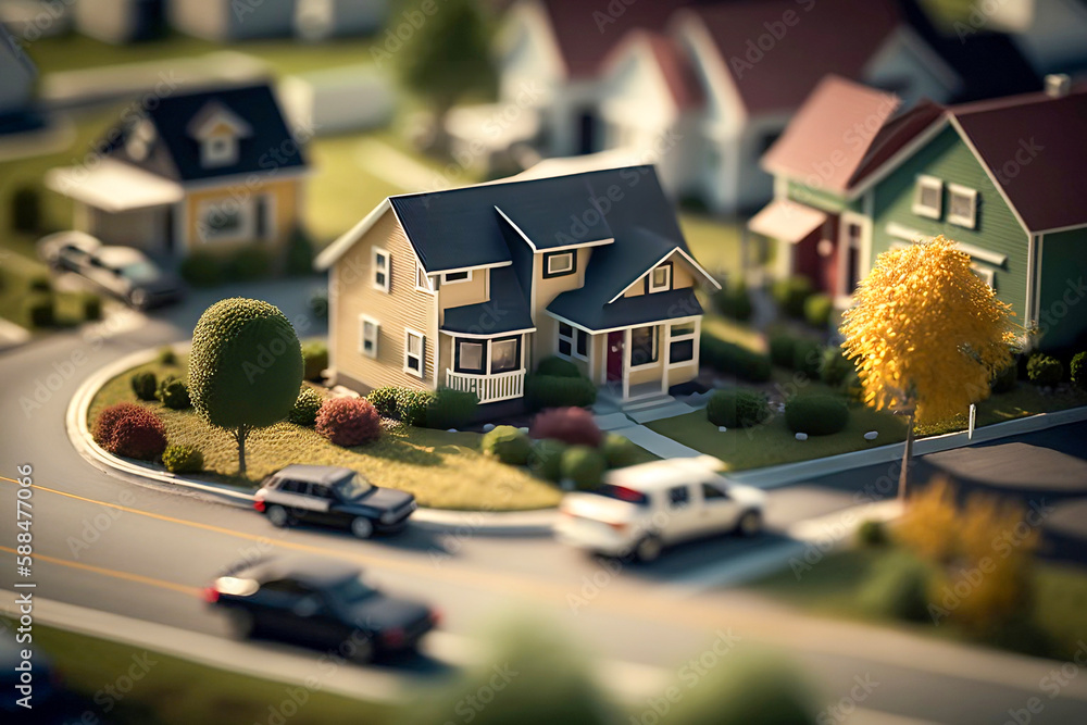 Miniature model of modern suburban housing. AI generated illustration ...