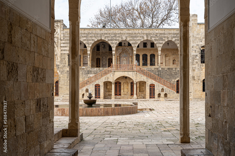 Old historic Beiteddine Palace courtyard with fountain, traditional ...