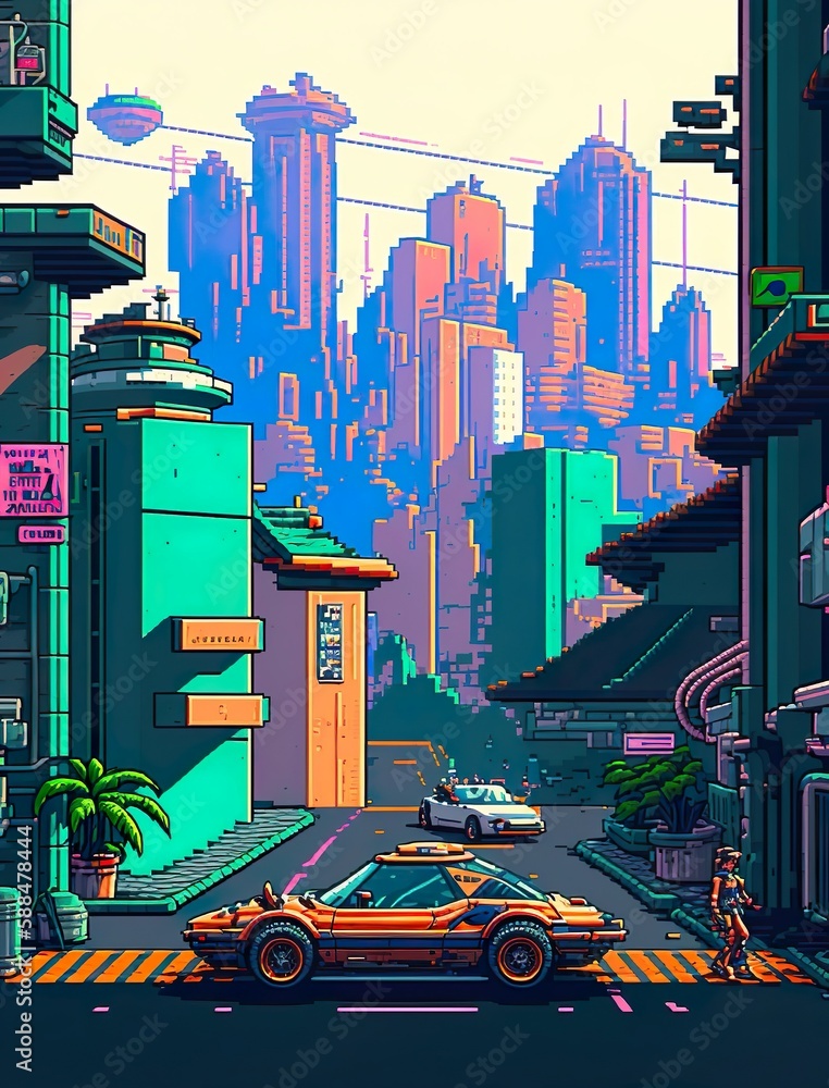 city in the future - Pixel Art. Created using generative AI. Stock ...