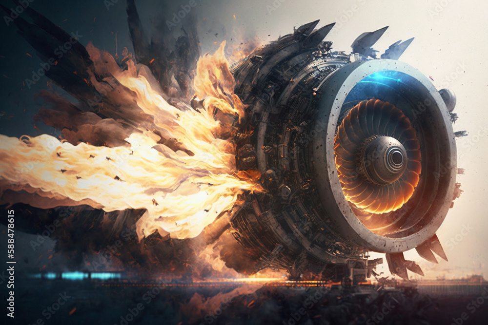 Fire explosion of a plane engine. Burning flames engulfing a destroyed ...