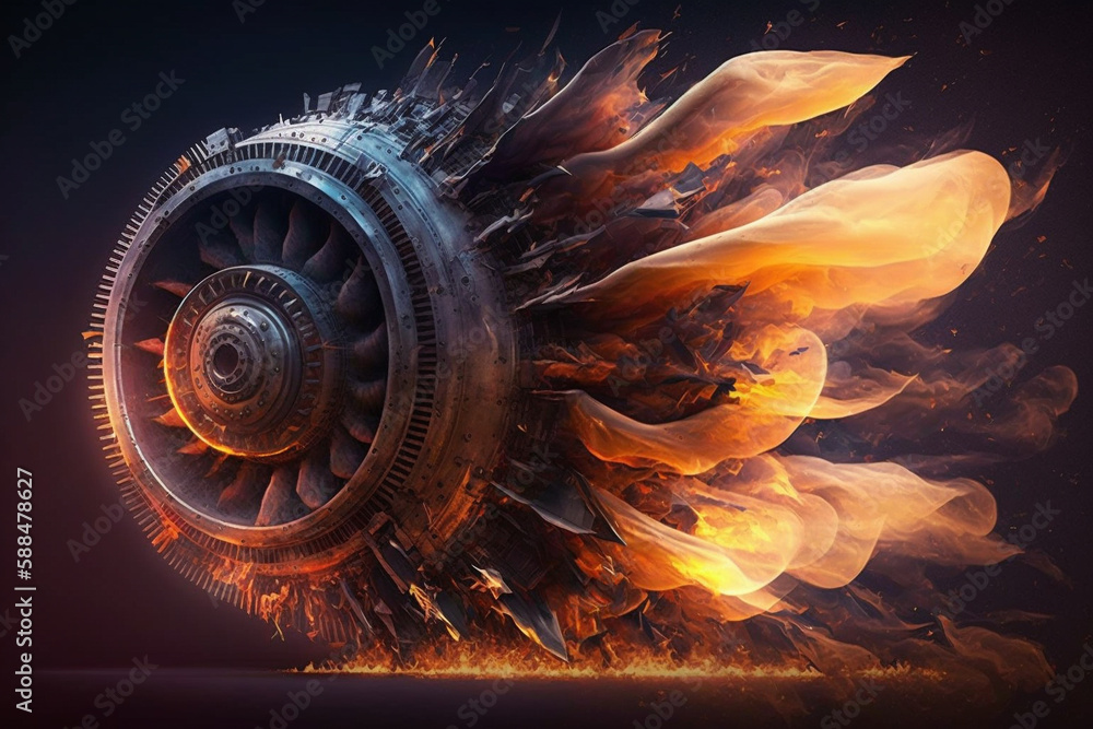 Fire explosion of a plane engine. Burning flames engulfing a destroyed ...