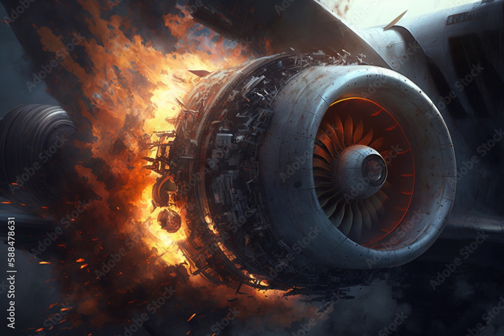 Fire explosion of a plane engine. Burning flames engulfing a destroyed ...