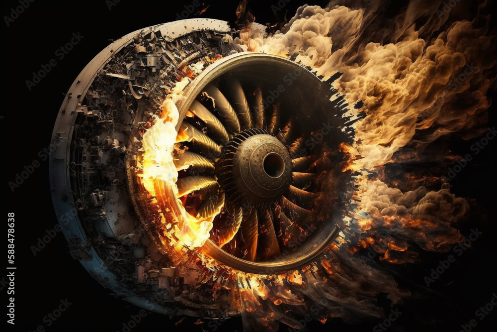 Fire explosion of a plane engine. Burning flames engulfing a destroyed ...