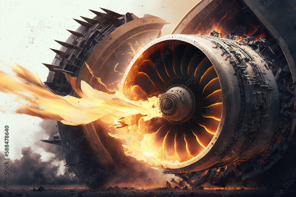 Fire explosion of a plane engine. Burning flames engulfing a destroyed ...