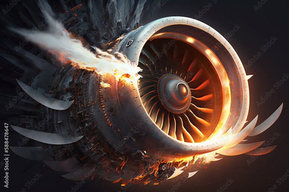 Fire explosion of a plane engine. Burning flames engulfing a destroyed ...