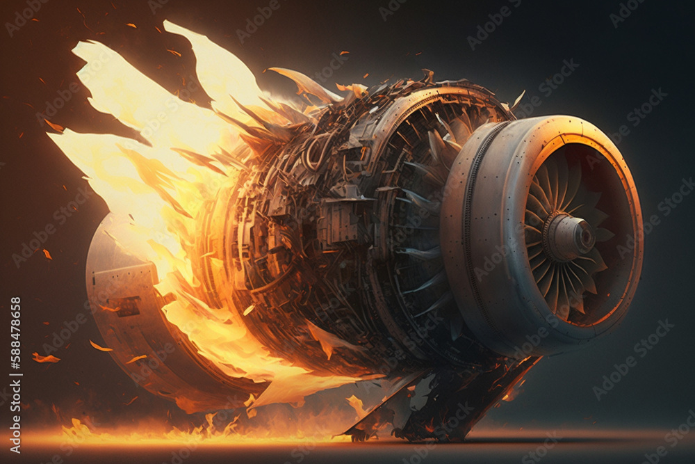 Fire explosion of a plane engine. Burning flames engulfing a destroyed ...