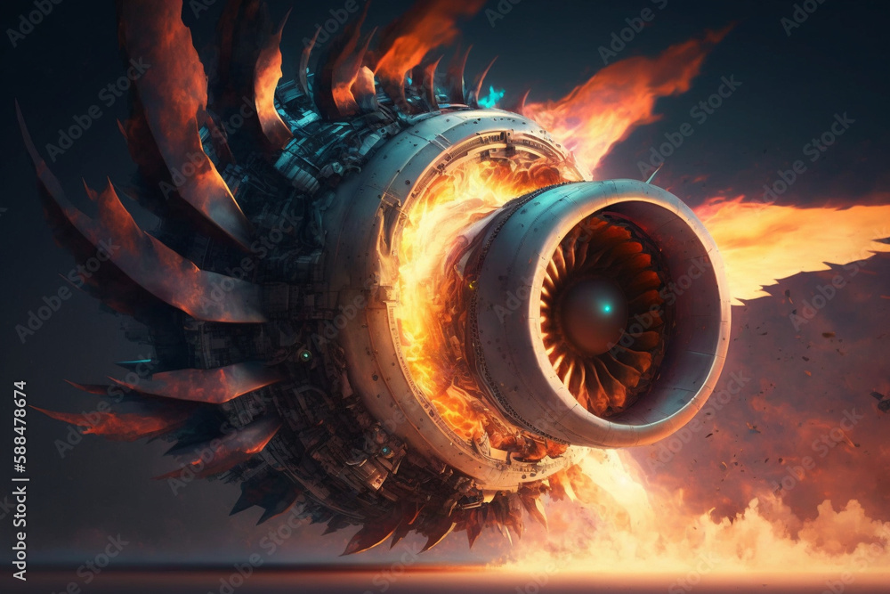 ภาพประกอบสต็อก Fire explosion of a plane engine. Burning flames ...