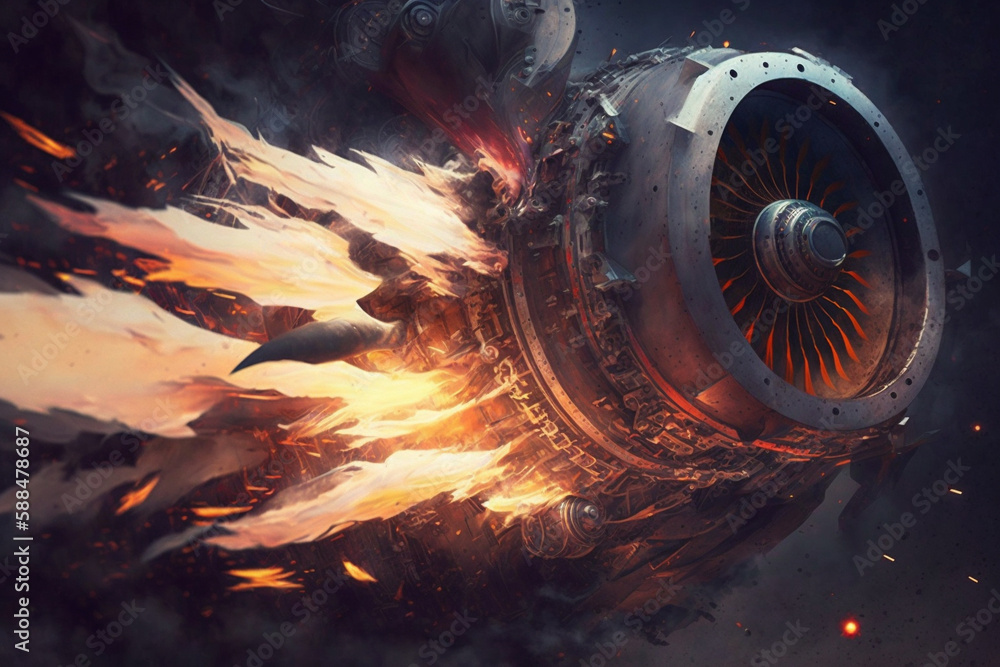Fire explosion of a plane engine. Burning flames engulfing a destroyed ...