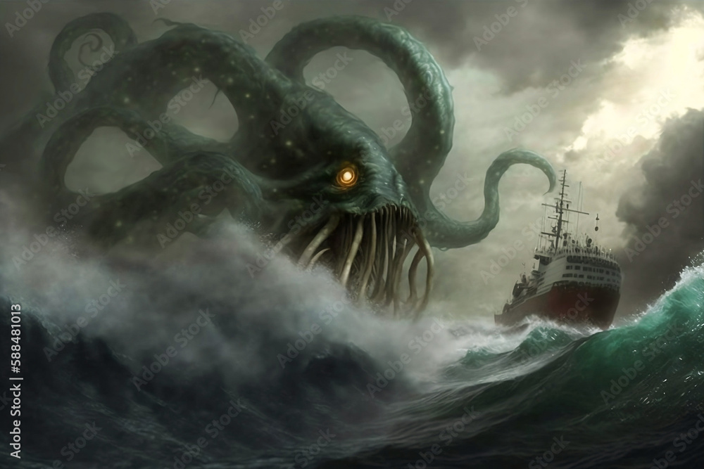 An illustration of "The Call of Cthulhu". The monster rises from the depths of the ocean and ...