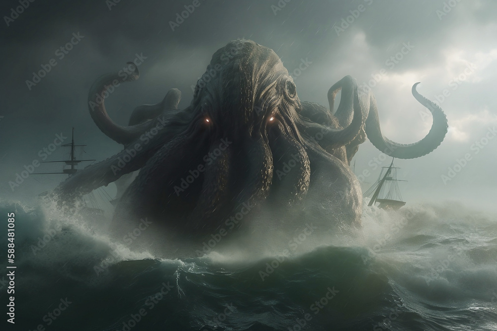 An illustration of 'The Call of Cthulhu'. The sea monster is destroying ...
