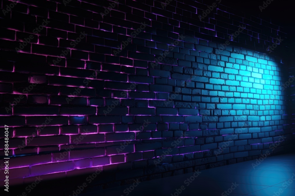 Black brick wall background with neon lighting effect from pink and ...