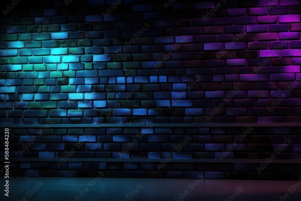 Black brick wall background with neon lighting effect from pink and ...