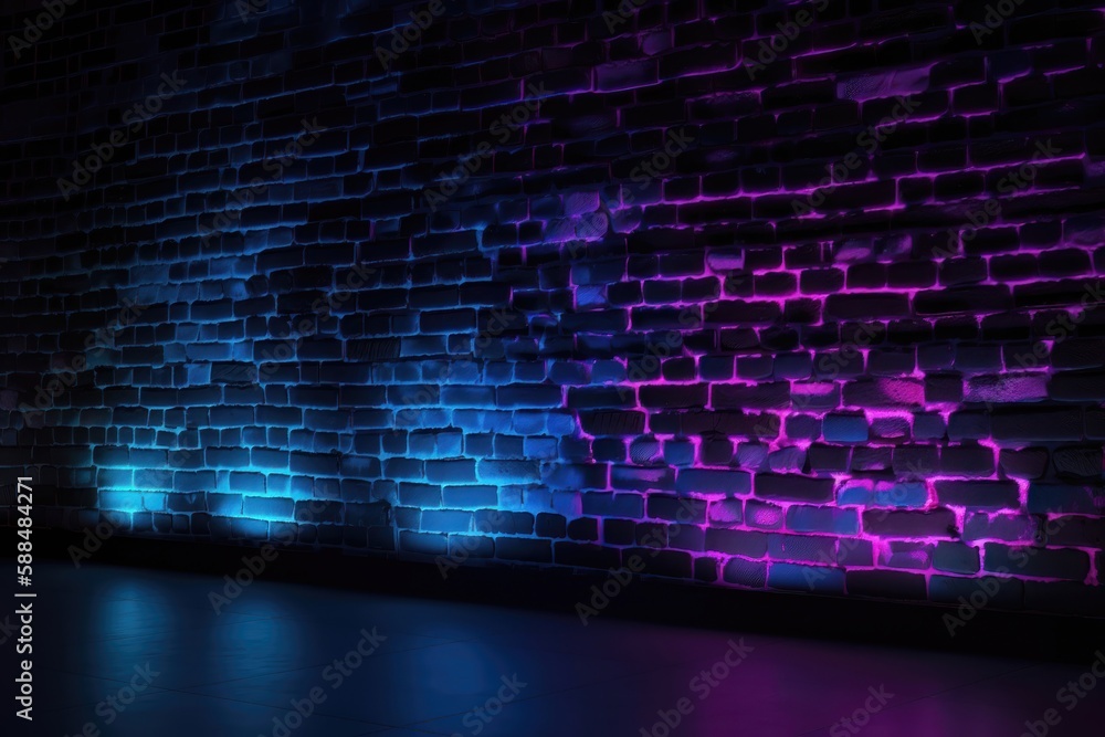 Black brick wall background with neon lighting effect from pink and ...