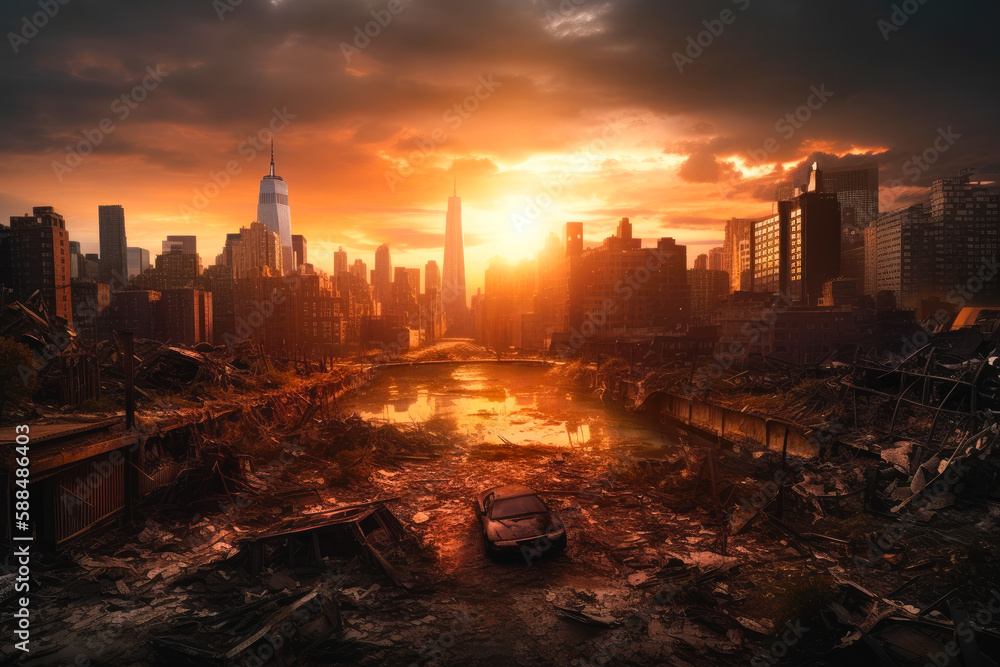 Post apocalyptic city view cityscape. City in ruins. Dystopian future ...