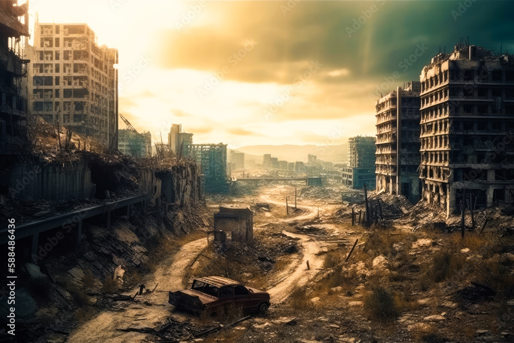 Post apocalyptic city view cityscape. City in ruins. Dystopian future ...