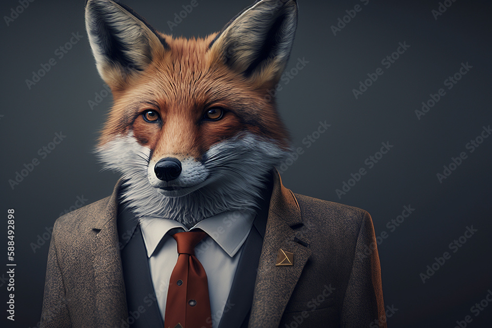 Portrait of a fox in a business suit, in the office. Metaphor, the boss ...