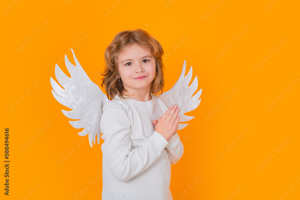 Little angel. Portrait of cute kid with angel wings isolated on studio ...