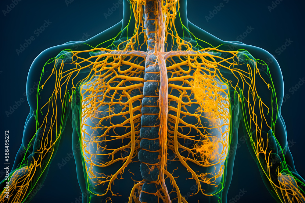 Lymphatic network, view of the thorax of the ribs of the arm ...