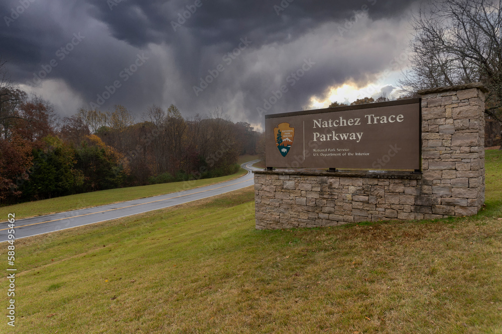 Natchez Trace Parkway, National Park Service sign at northern end of ...