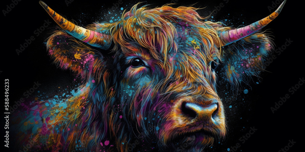 Highland cow in vibrant neon colors and flower petals isolated on black ...