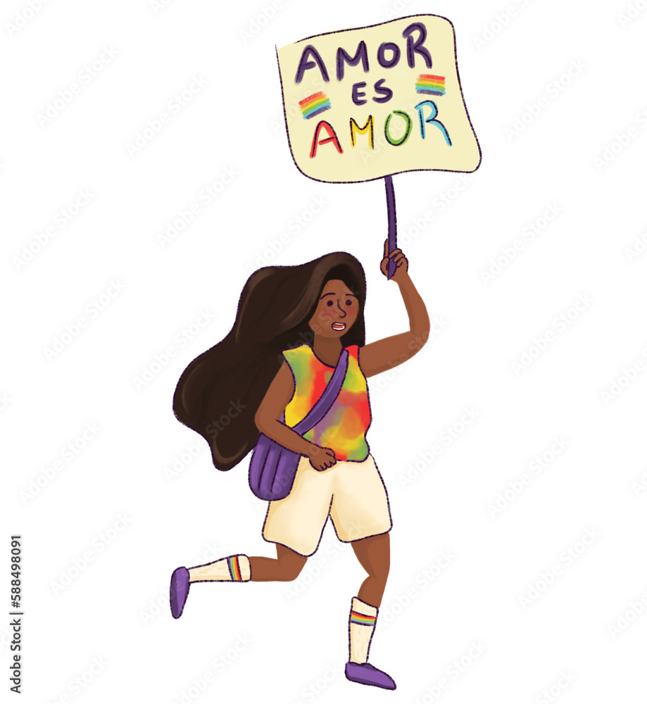 Ilustración de mujer de piel morena marchando en el mes del orgullo con ...