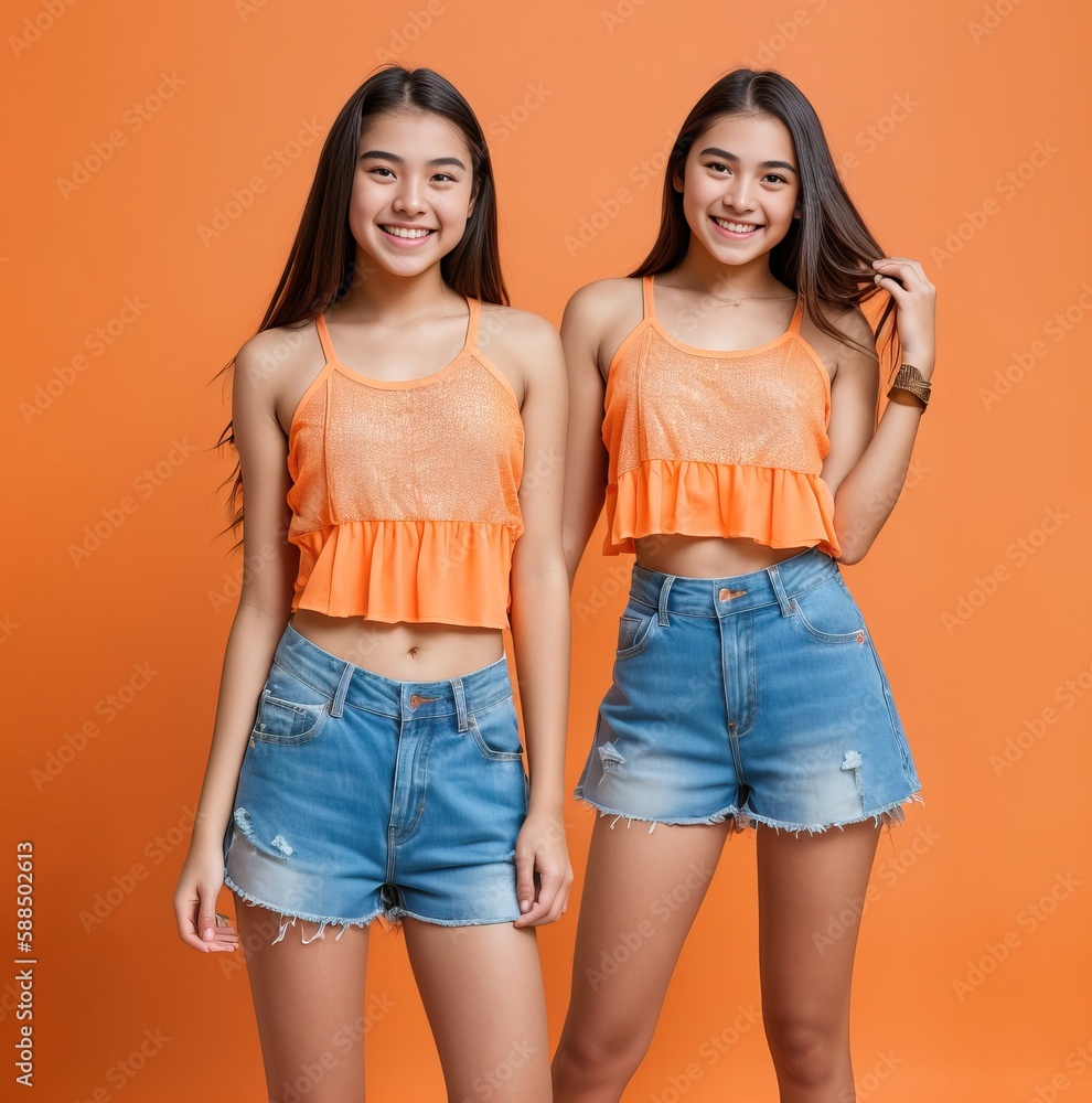 Attractive cheerful slender twins teenagers girls posing over orange ...