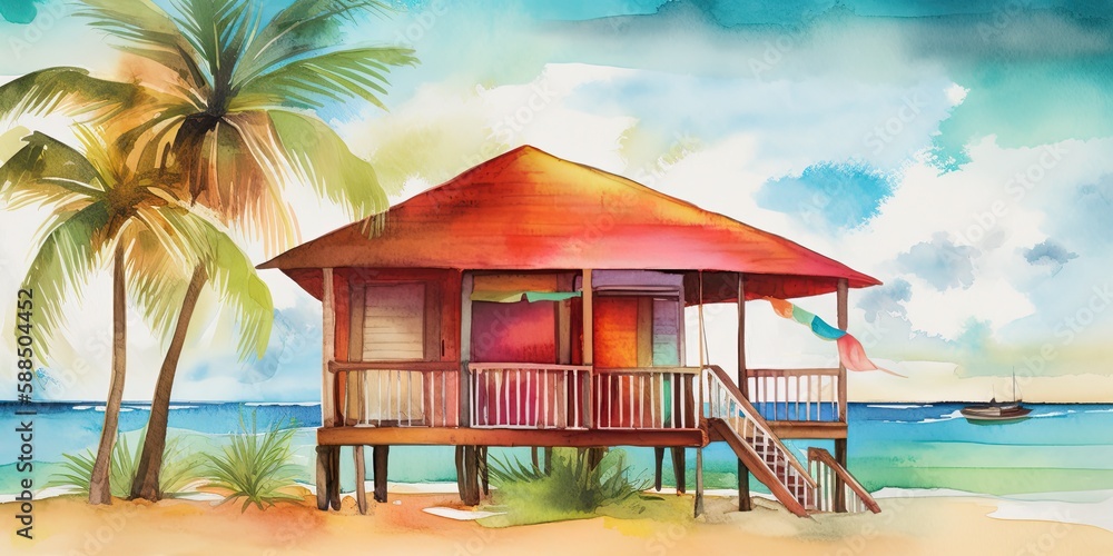 watercolor painting vacation resort and cabana, generative AI Art Stock ...
